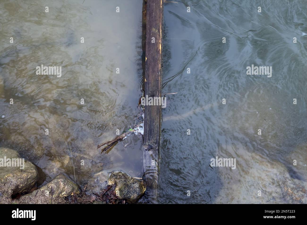 Stream of water with a block of wood seen from above Stock Photo - Alamy