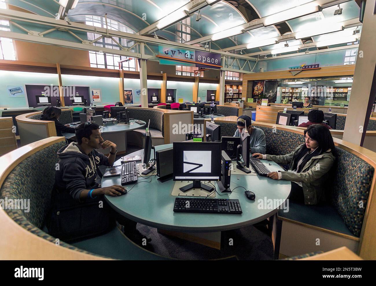 In this Wednesday, Jan. 8, 2014 photo, patrons use computers in the ...
