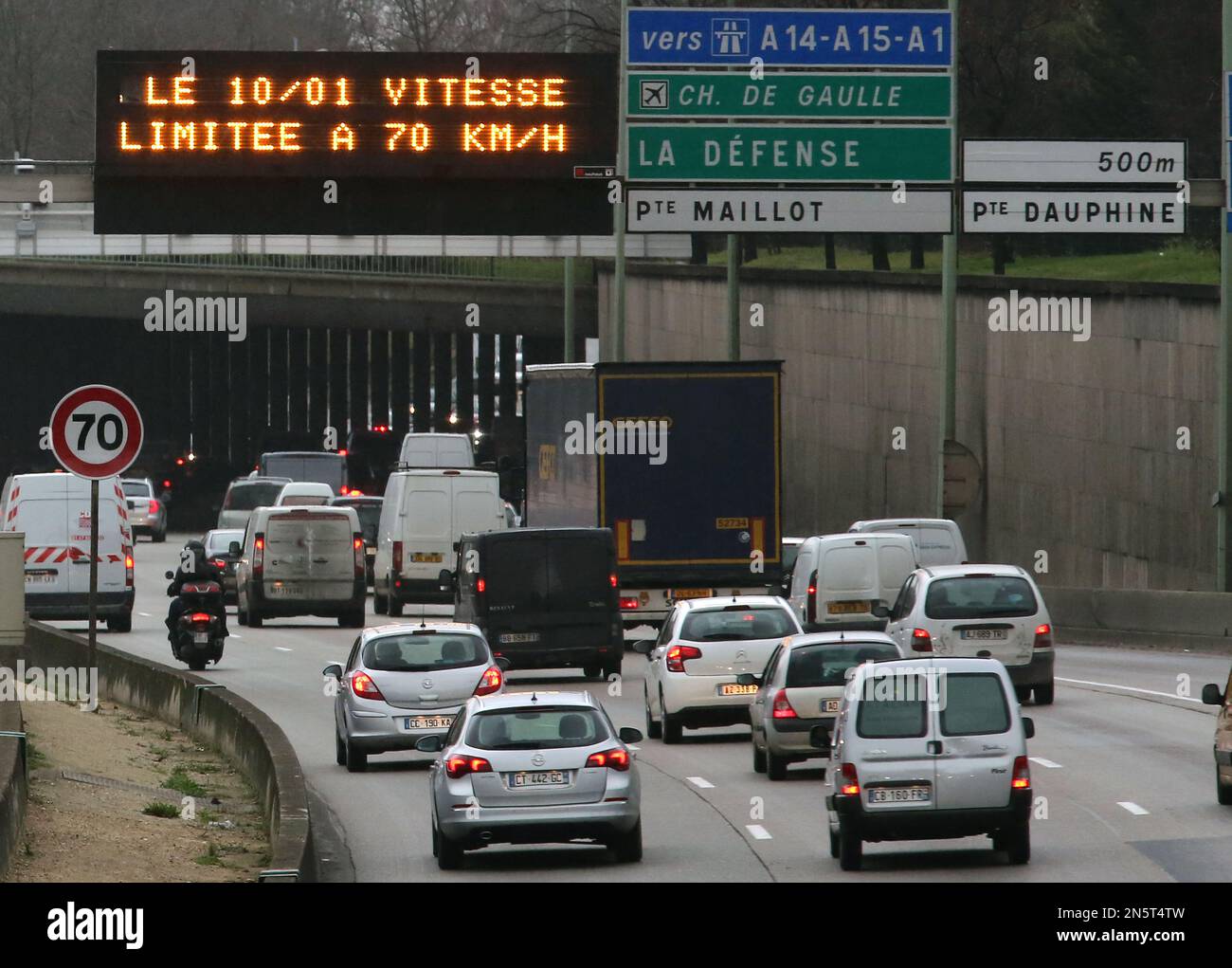 A sign on the Paris ring road 'Peripherique' announces that the speed ...