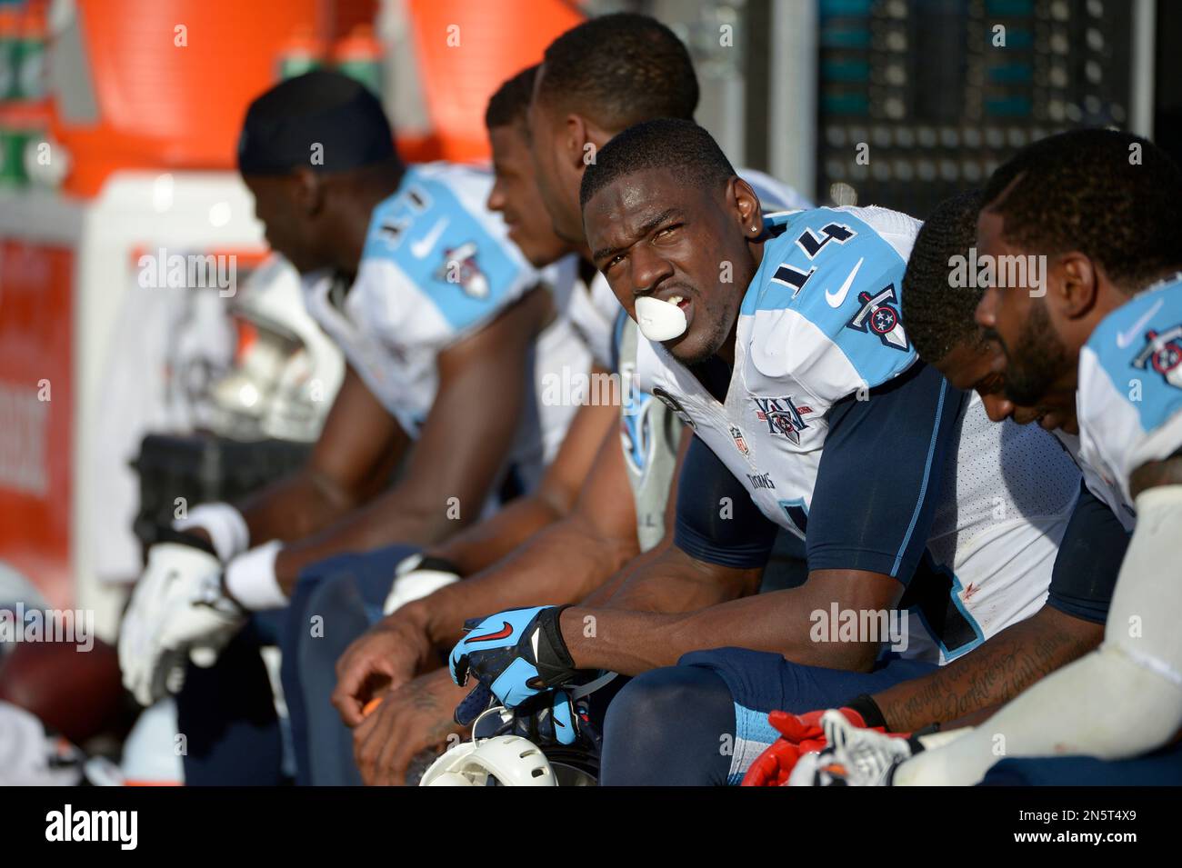 Tennessee Titans wide receiver Michael Preston (14) watches from the bench during the second ...
