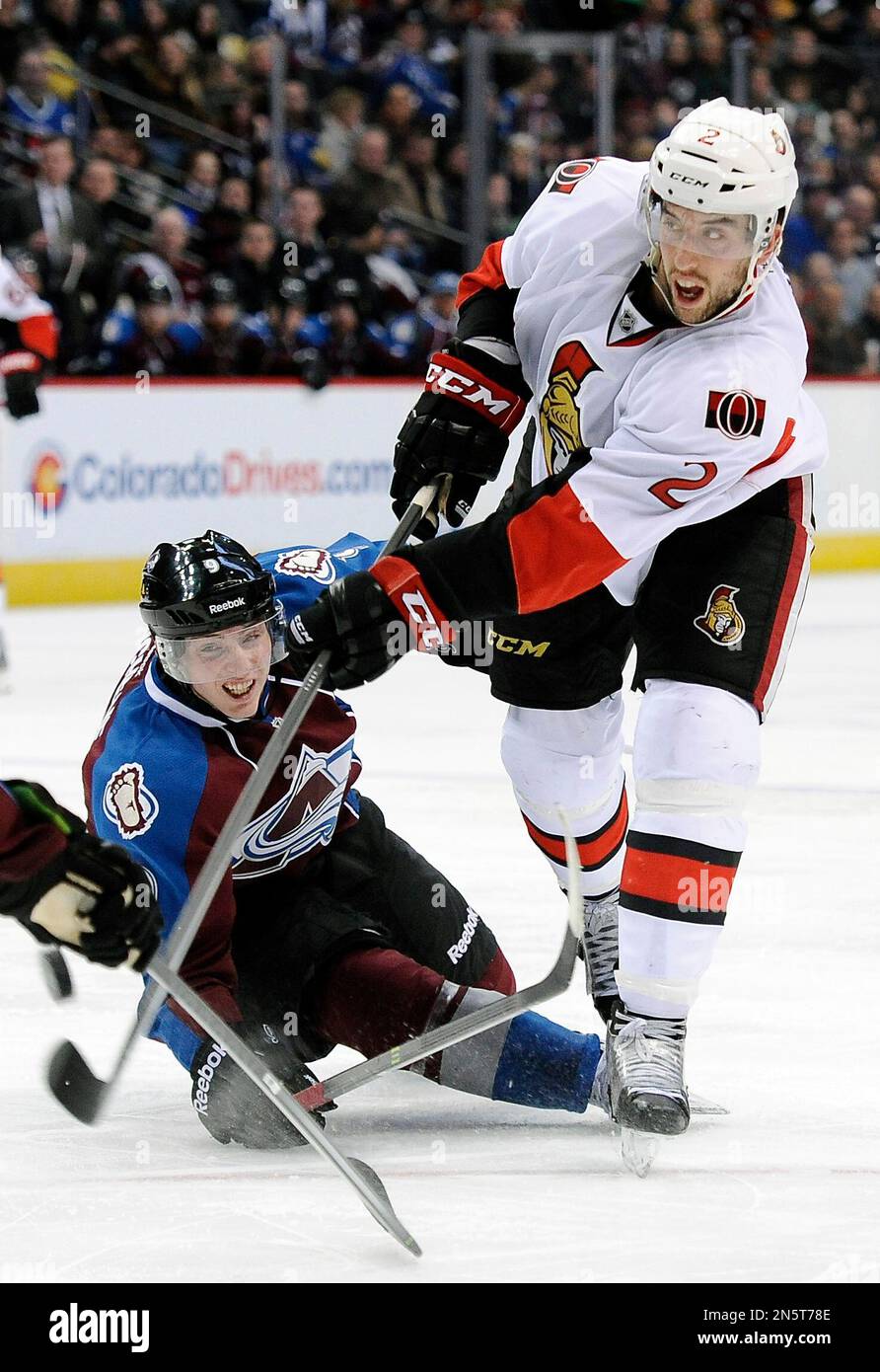Ottawa Senators defenseman Jared Cowen shoots past Colorado Avalanche ...
