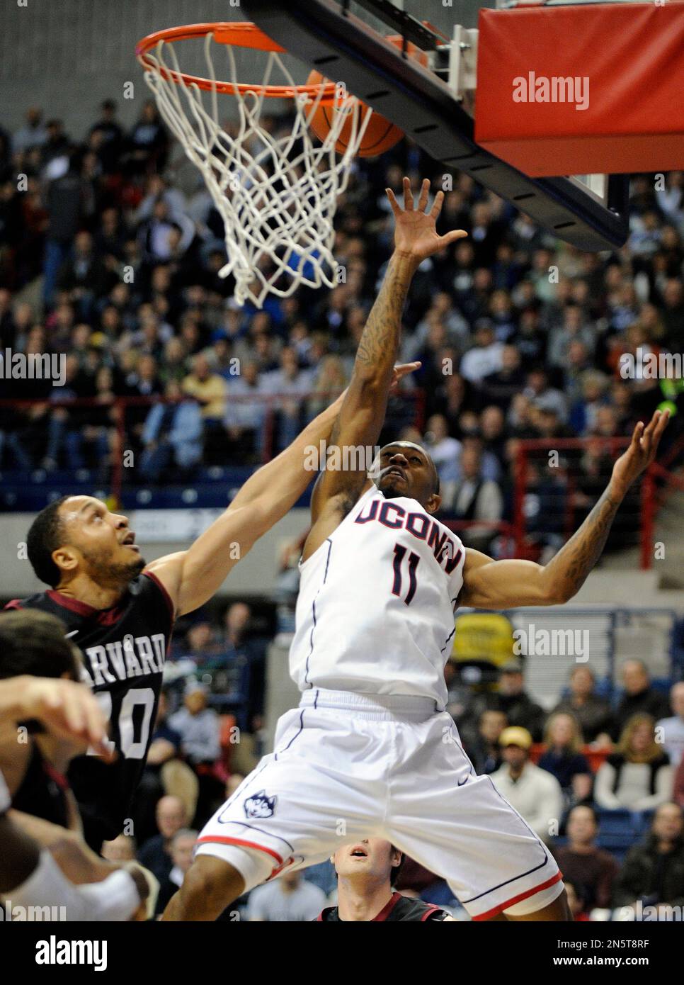 Connecticut's Ryan Boatright (11) drives past Harvard's Brandyn Curry ...