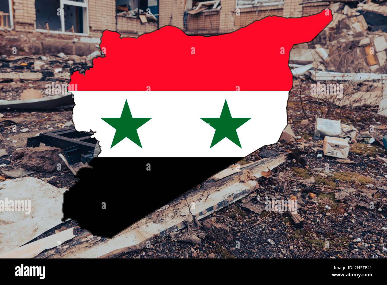 Earthquake in Syria. The national flag of Syria in the form of a map of ...