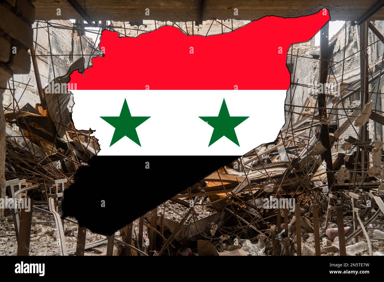 Earthquake in Syria. The national flag of Syria in the form of a map of ...