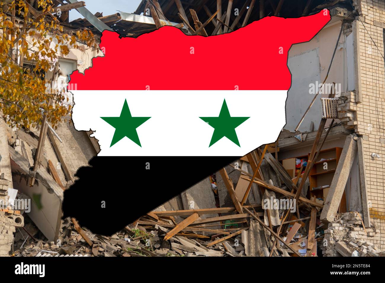 Earthquake in Syria. The national flag of Syria in the form of a map of ...