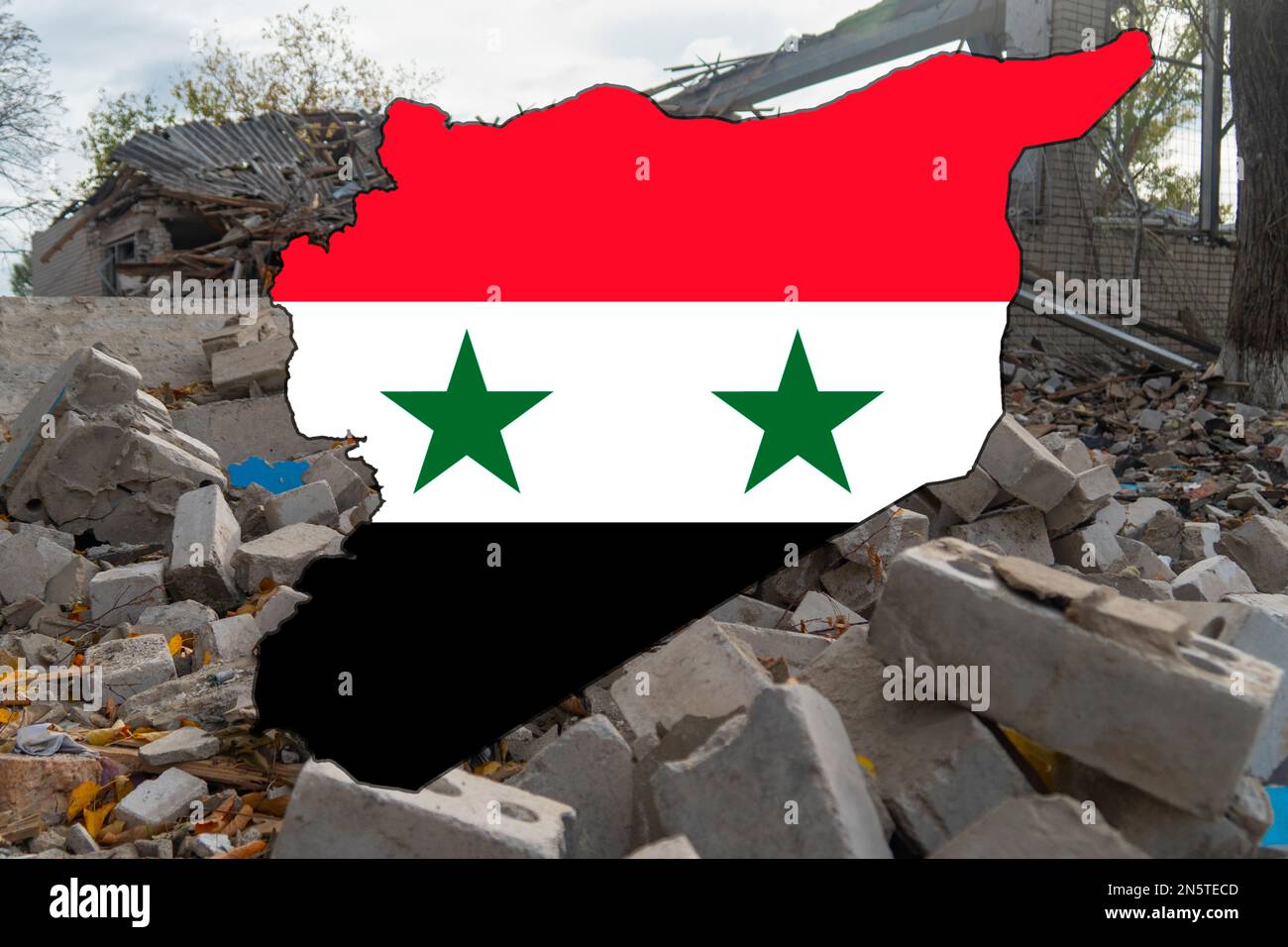 Earthquake in Syria. The national flag of Syria in the form of a map of ...