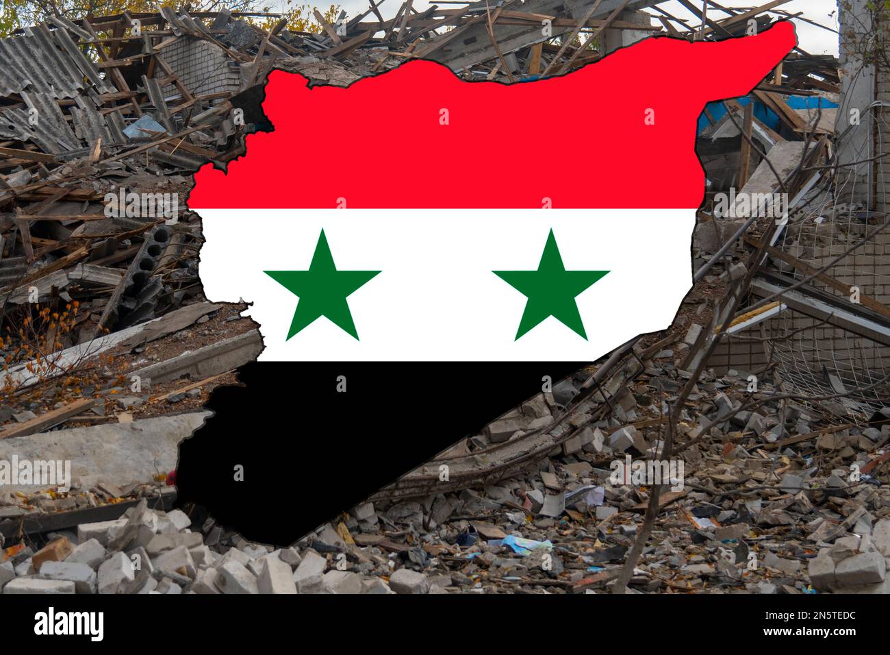 Earthquake in Syria. The national flag of Syria in the form of a map of ...