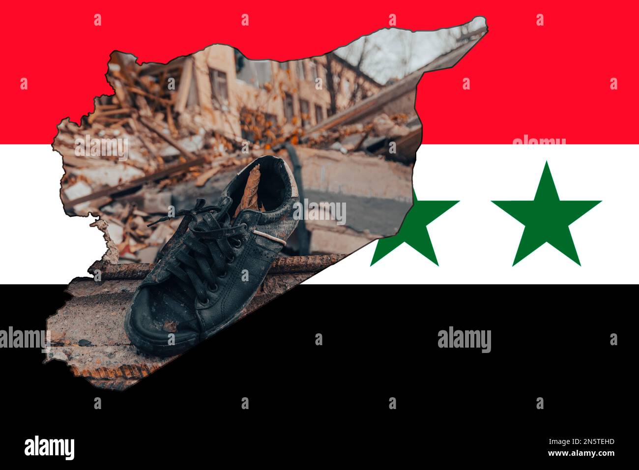 Shoe lies on the ruins of a destroyed house. Picture in the form of a ...