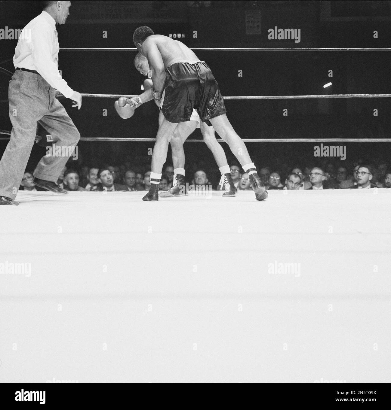 Light heavyweight boxing champ Archie Moore drives challenger Tony ...