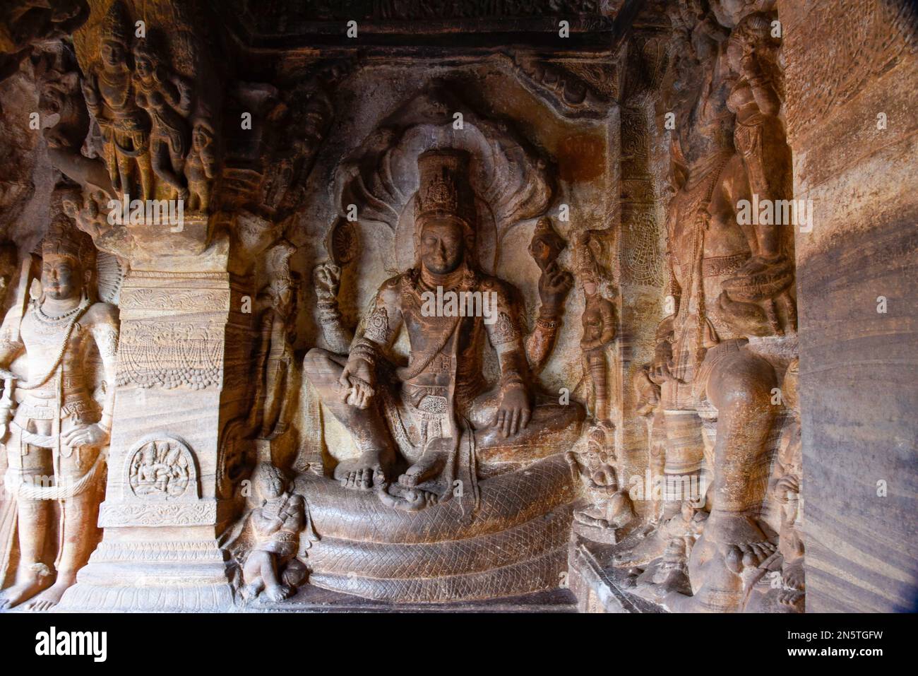 Cave 3 in Badami cave complex showing Maha Vishnu seated on Sheshanaga ...