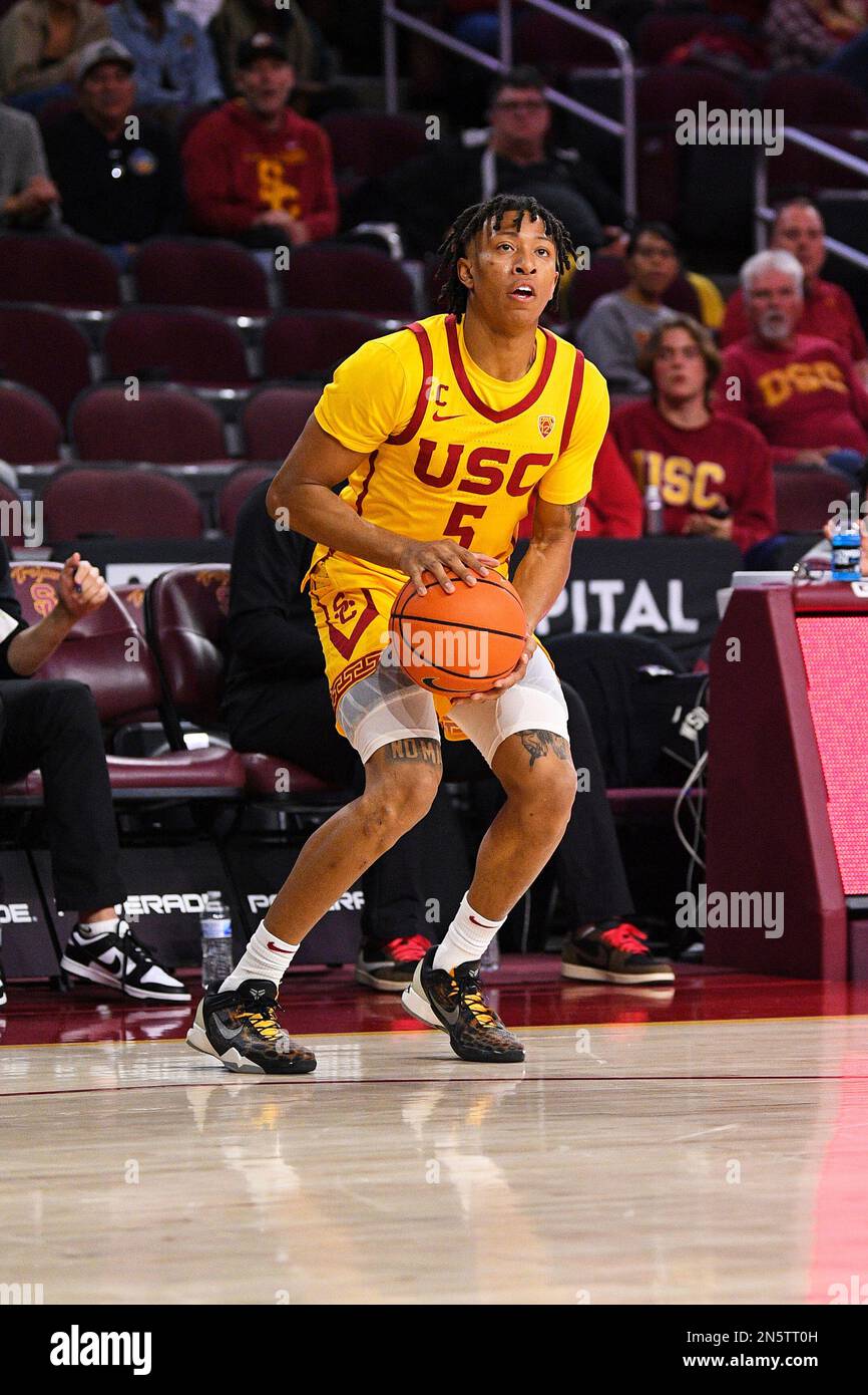 LOS ANGELES, CA - FEBRUARY 02: USC Trojans guard Boogie Ellis (5) gets ...