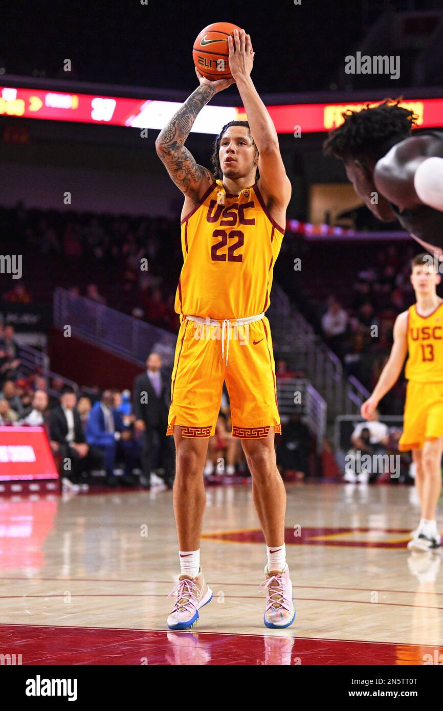LOS ANGELES, CA - FEBRUARY 02: USC Trojans guard Tre White (22) shoots ...