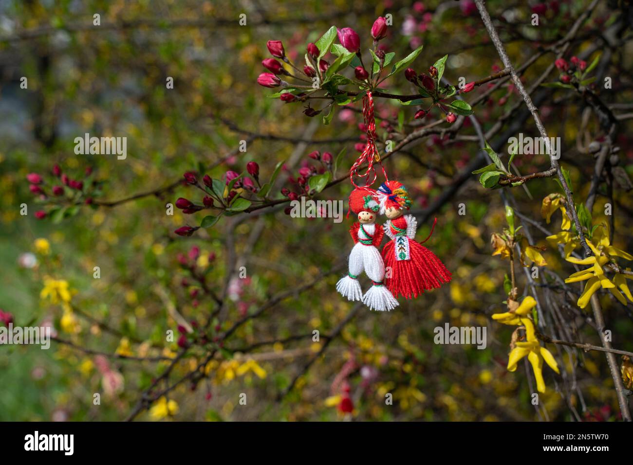Greeting card background for the arrival of spring. Red-white man and ...