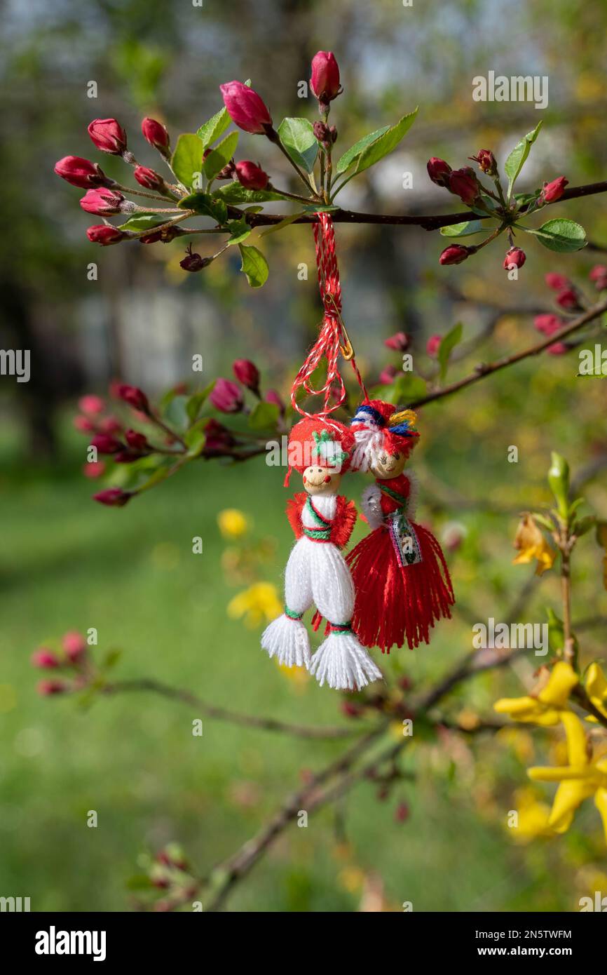Greeting card background for the arrival of spring. Red-white man and ...