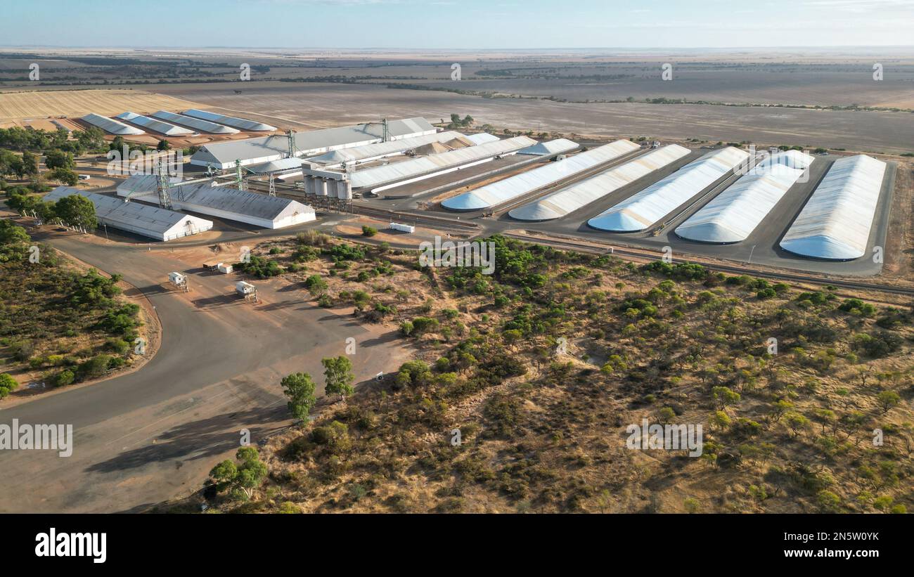 An industrial farm with many long and low-sized grain silos Stock Photo ...