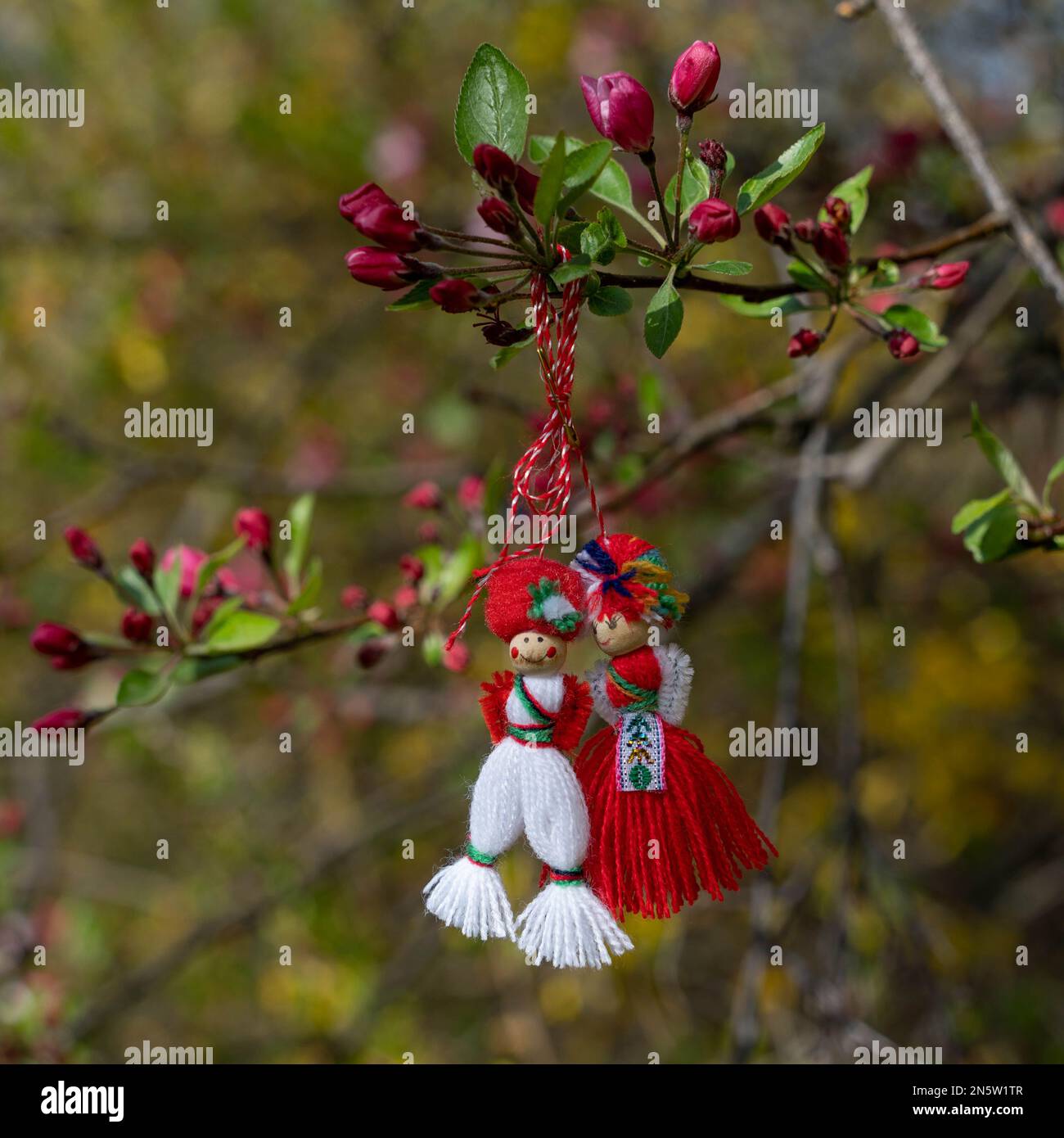 Greeting card background for the arrival of spring. Red-white man and ...
