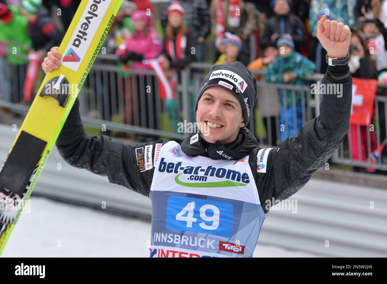 Switzerland's second placed Simon celebrates in the finish area prior ...