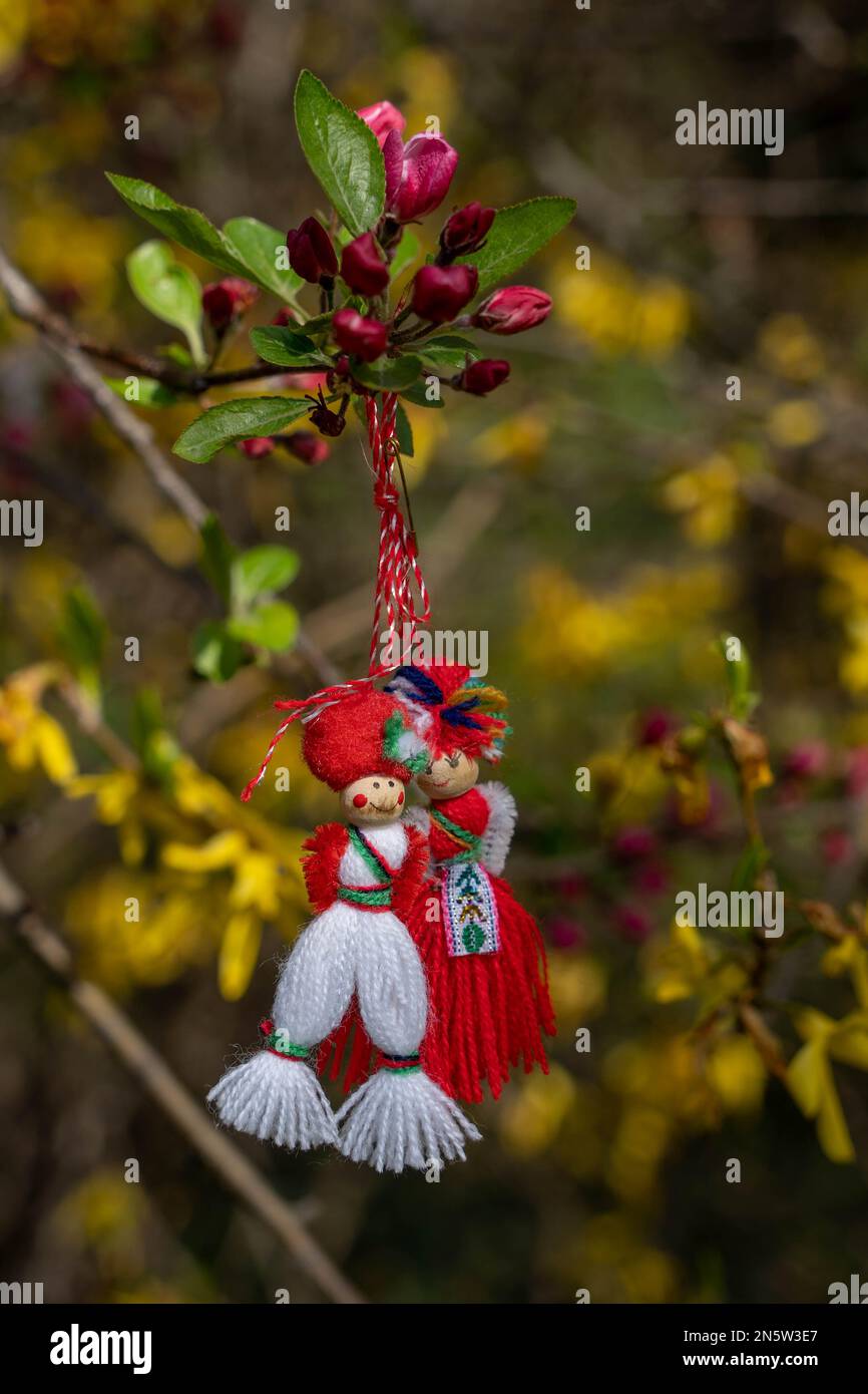 Greeting card background for the arrival of spring. Red-white man and ...