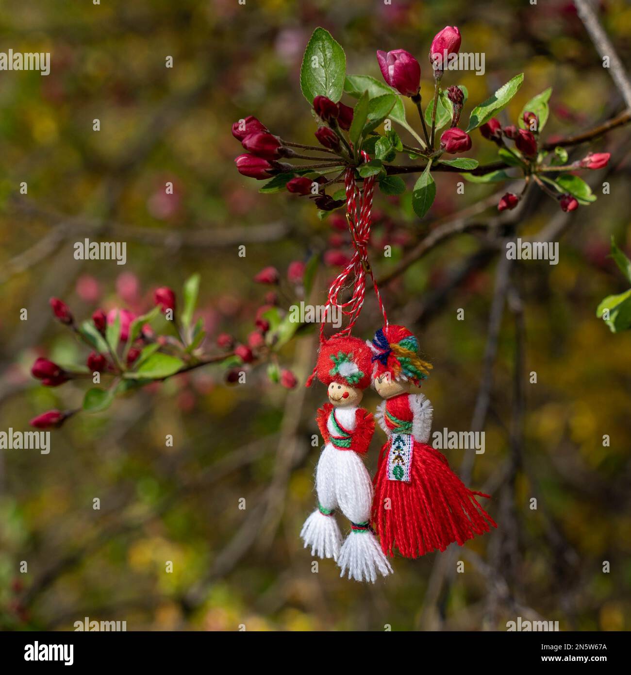 Greeting card background for the arrival of spring. Red-white man and ...