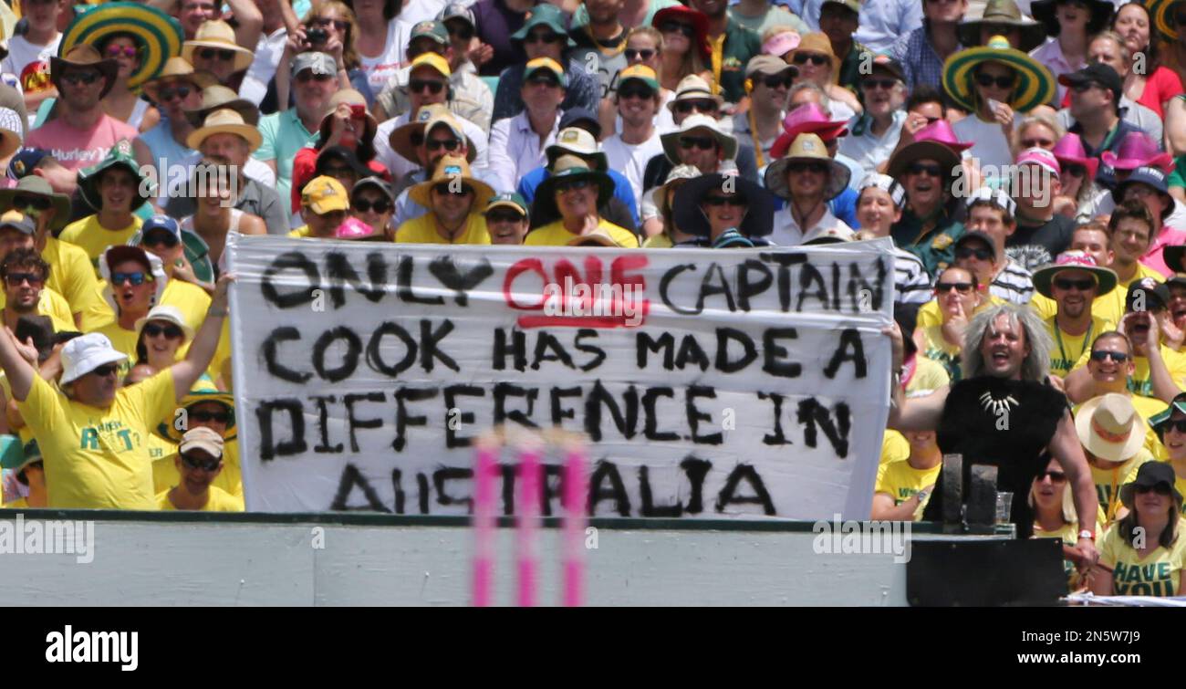 Australian cricket fans hold up a sign during Ashes cricket test match ...