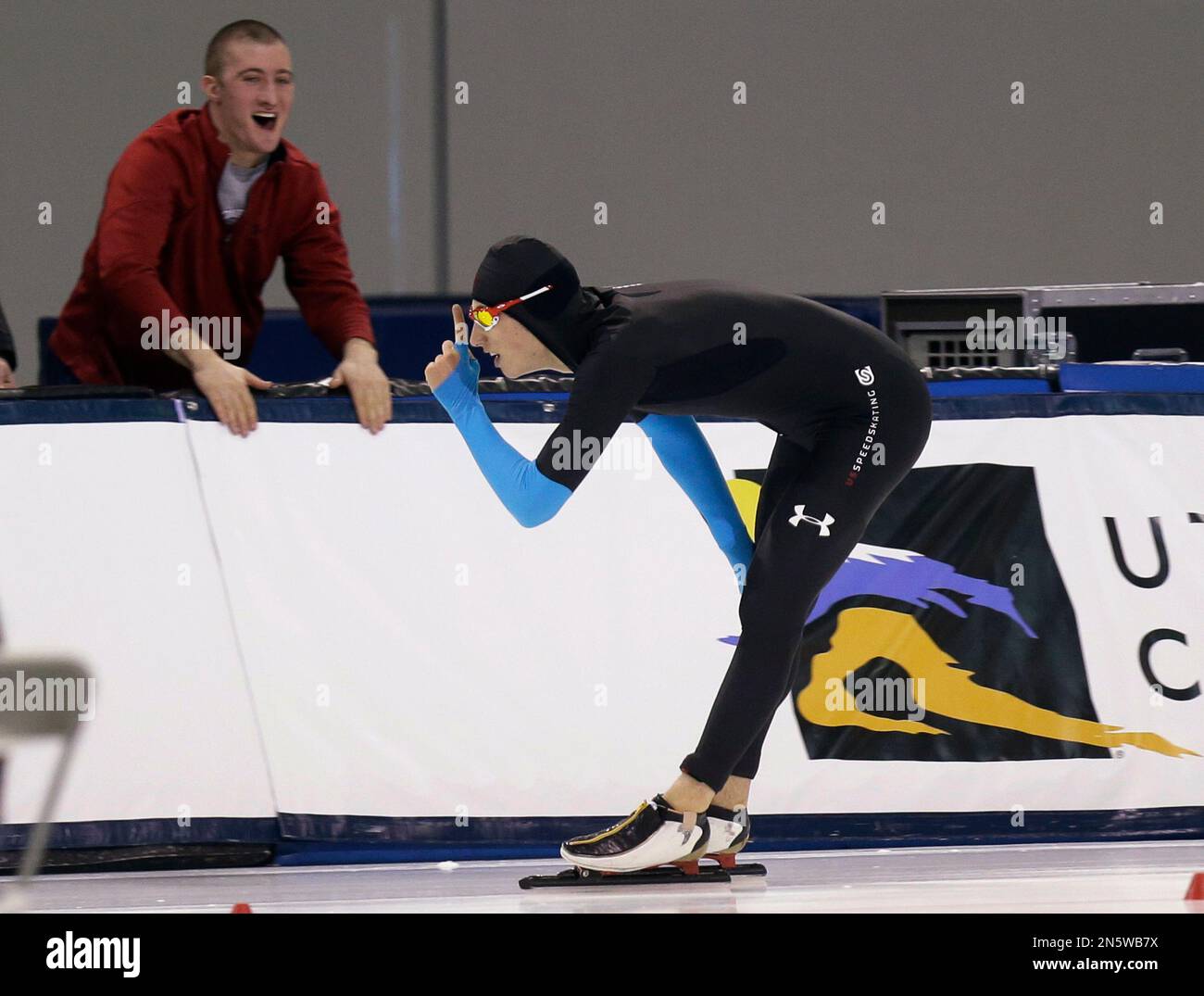 Emery Lehman celebrates after competing in the men's 10,000 meters ...