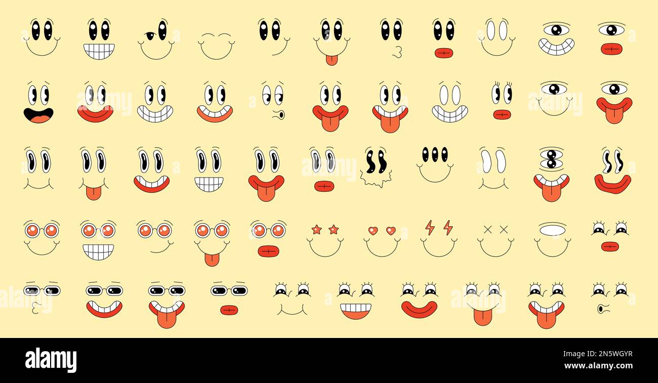 Retro groovy style smiley character face set. Hippy crazy emoji ...