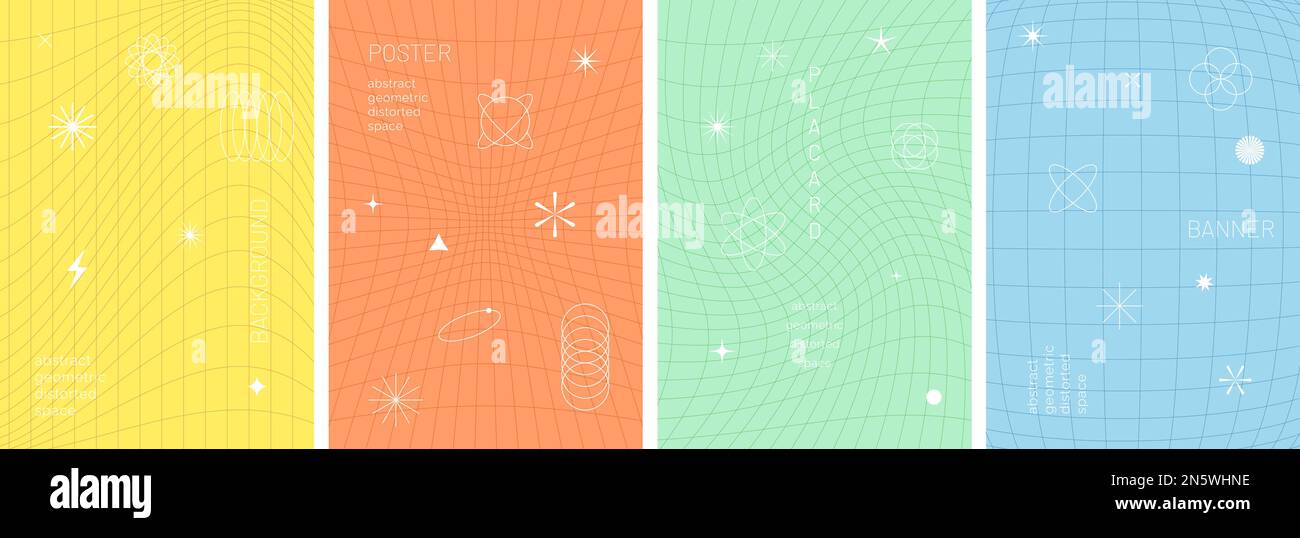 Abstract geometric distorted space poster set. Futuristic linear grid ...