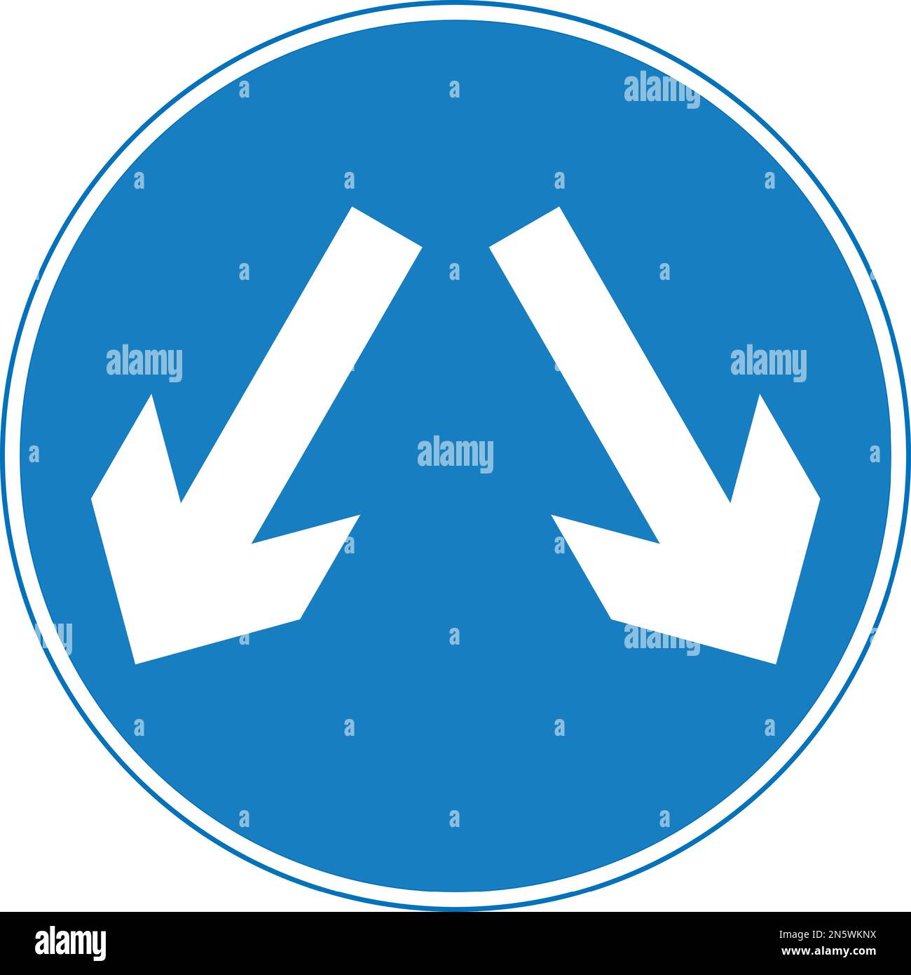 Vector graphic of a uk pass either side road sign. It consists of two white arrows pointing ...