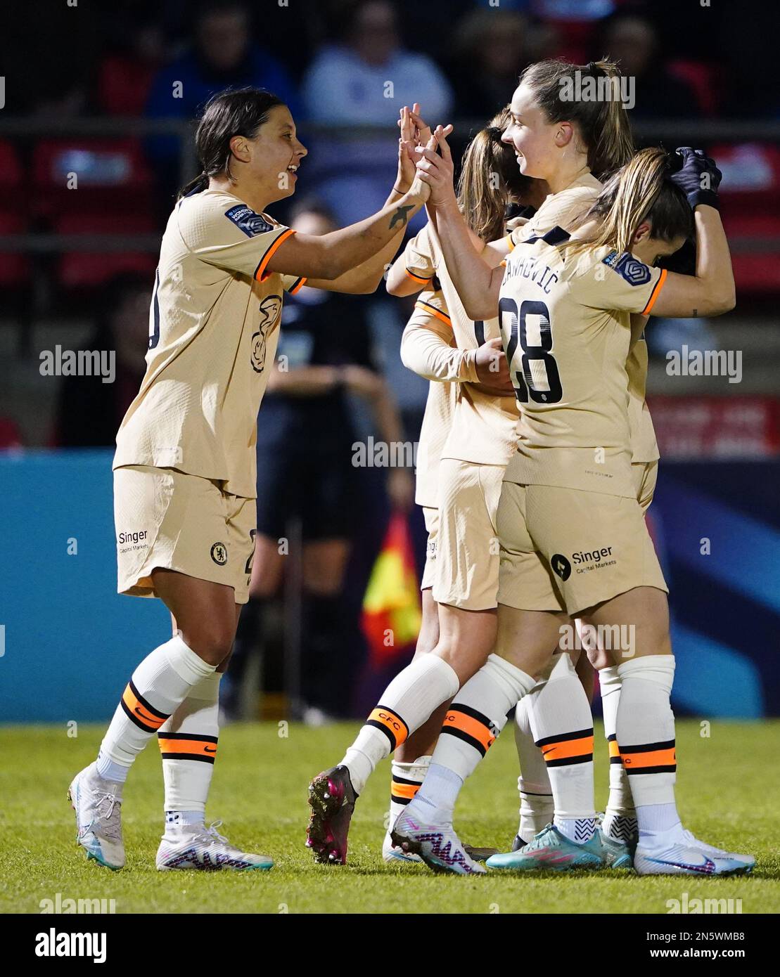 Chelsea's Sam Kerr (left) celebrates with team-mate Niamh Charles after ...