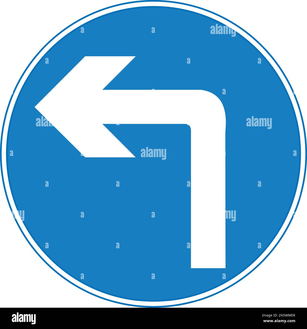 Vector graphic of a uk turn left road sign. It consists of a white arrow bent to the left within ...
