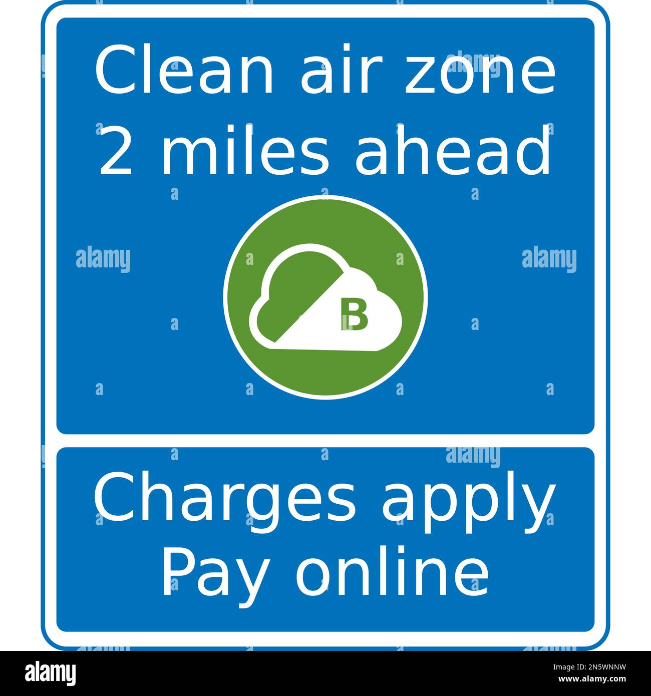Vector graphic road sign for a clean air zone two miles ahead. Charges will be raised which need ...