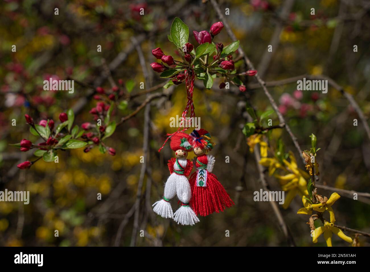 Greeting card background for the arrival of spring. Red-white man and ...