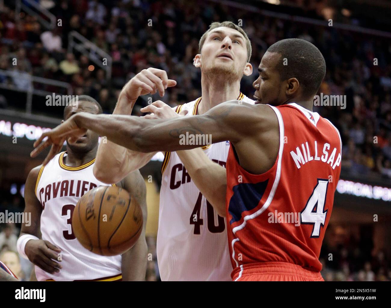 Atlanta Hawks' Paul Millsap (4) knocks the ball loose from Cleveland ...