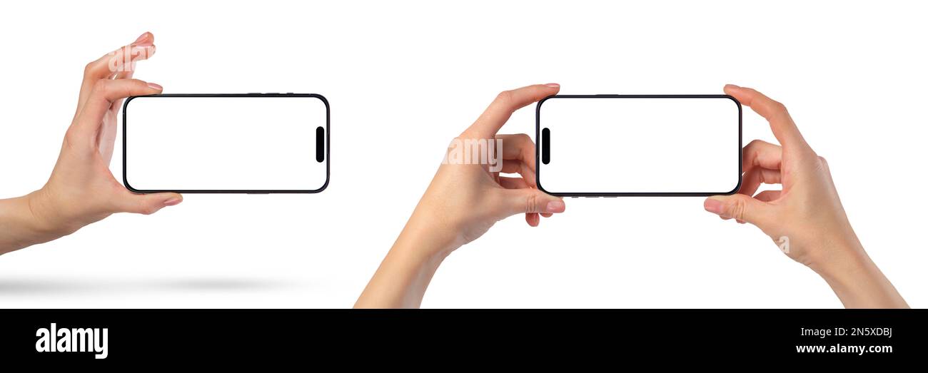 Phone in hand, set. Modern, new phone in hand isolated on white ...