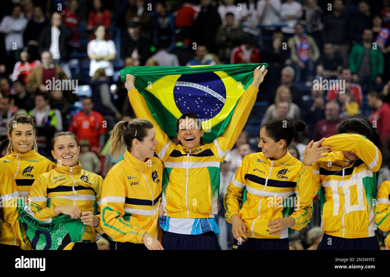 Brazil's players celebrate after winning the final match of the Women's ...