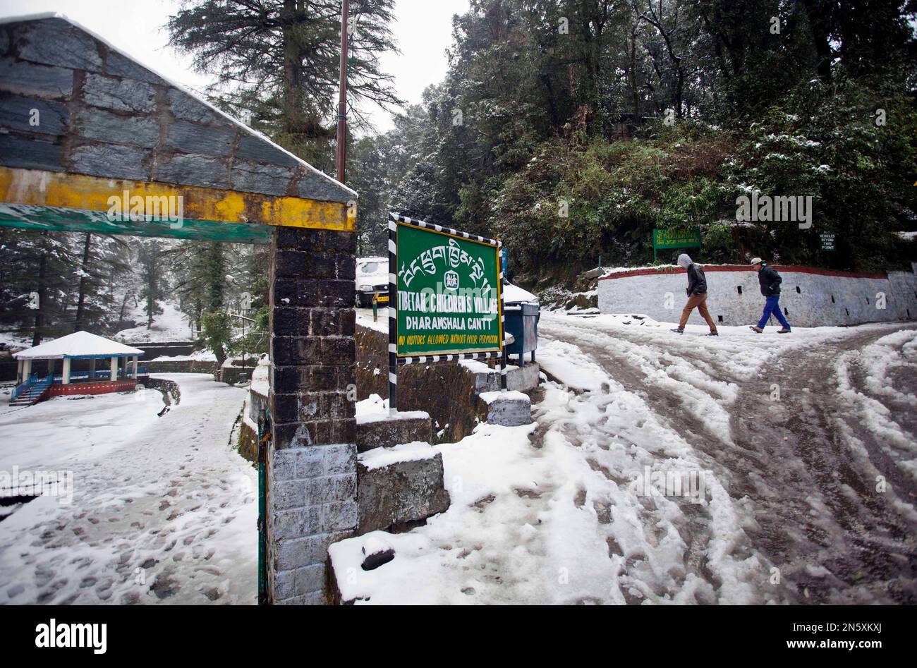 Exile Tibetan students walk in snow as the season’s first snow falls in ...