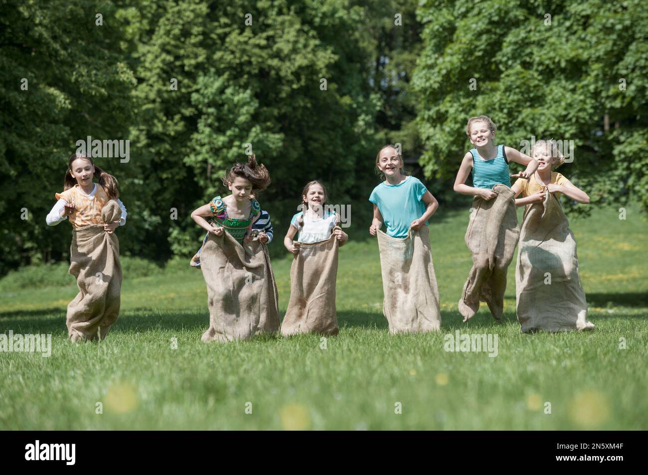 Group of girls jumping in sack race in a field, Munich, Bavaria ...