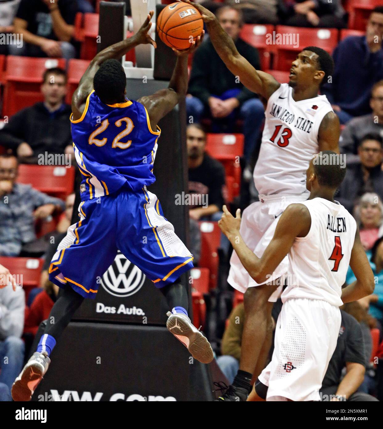 San Diego State forward Winston Shepard (13) blocks the shot of McNeese ...