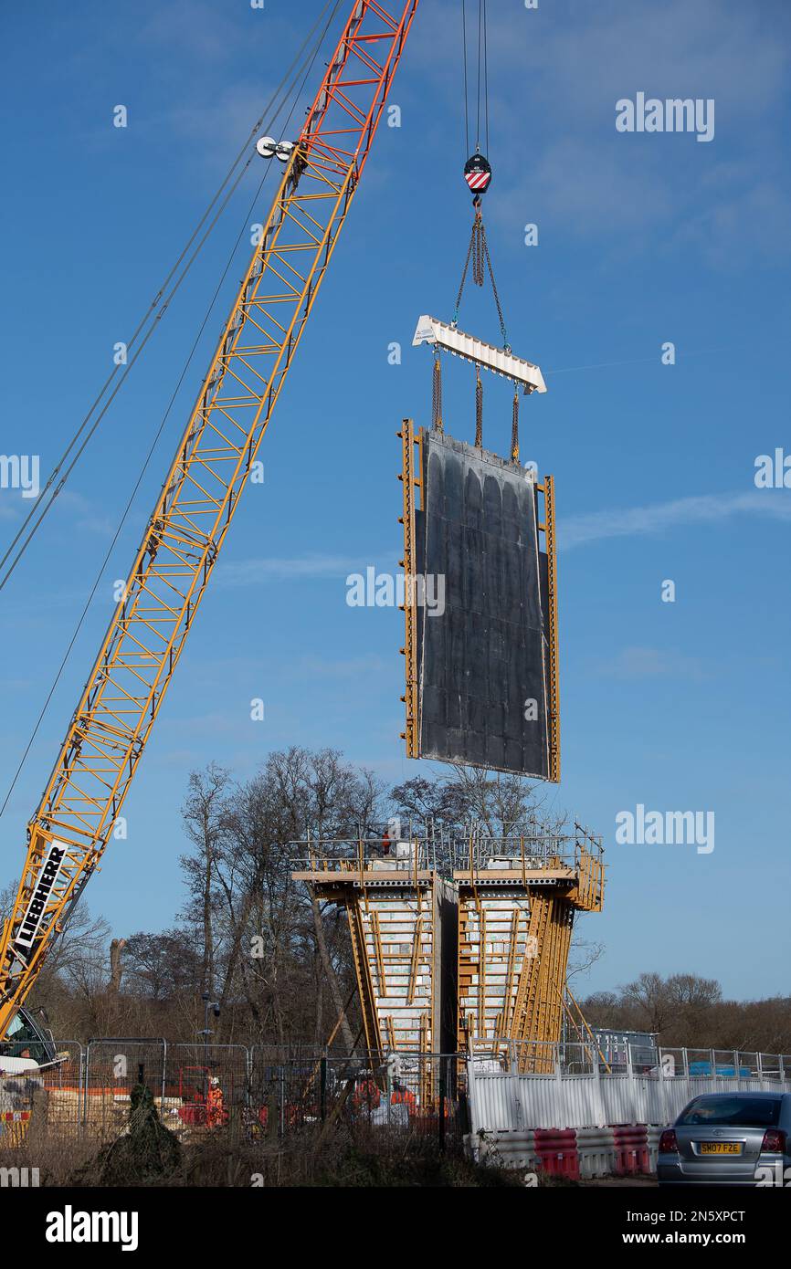 Harefield, UK. 9th February 2023. HS2 High Speed Rail 2 construction for the piers of the Colne ...