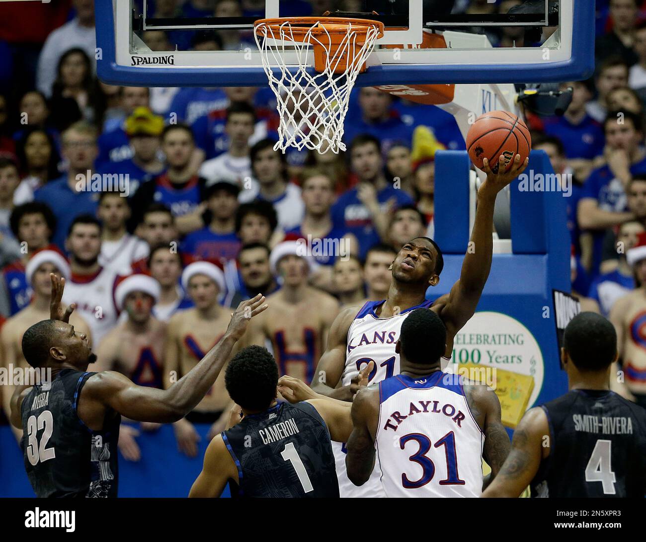 Kansas' Joel Embiid makes a shot during the second half of an NCAA ...