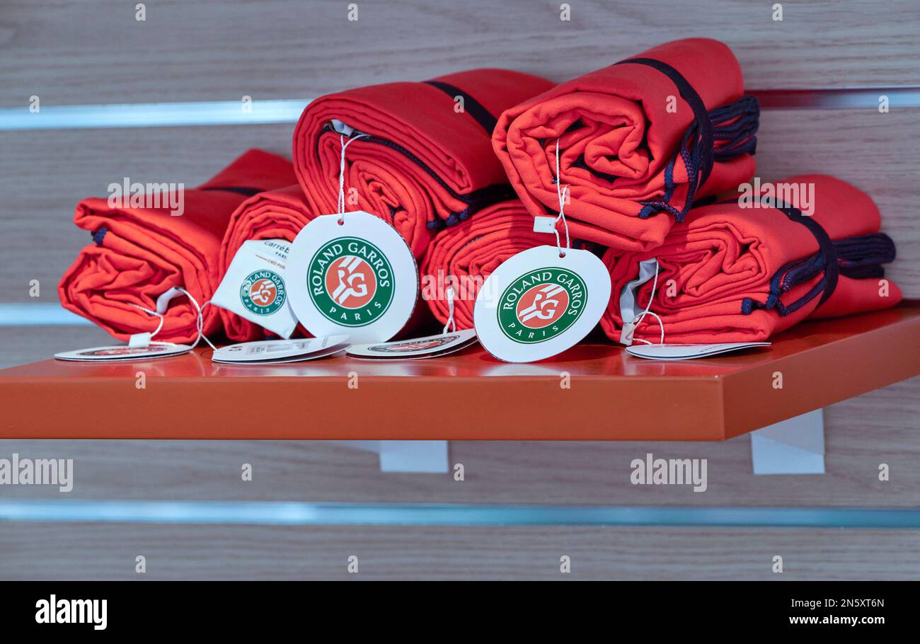 Souvenirs on sale in the official store of Roland Garros, Paris Stock ...