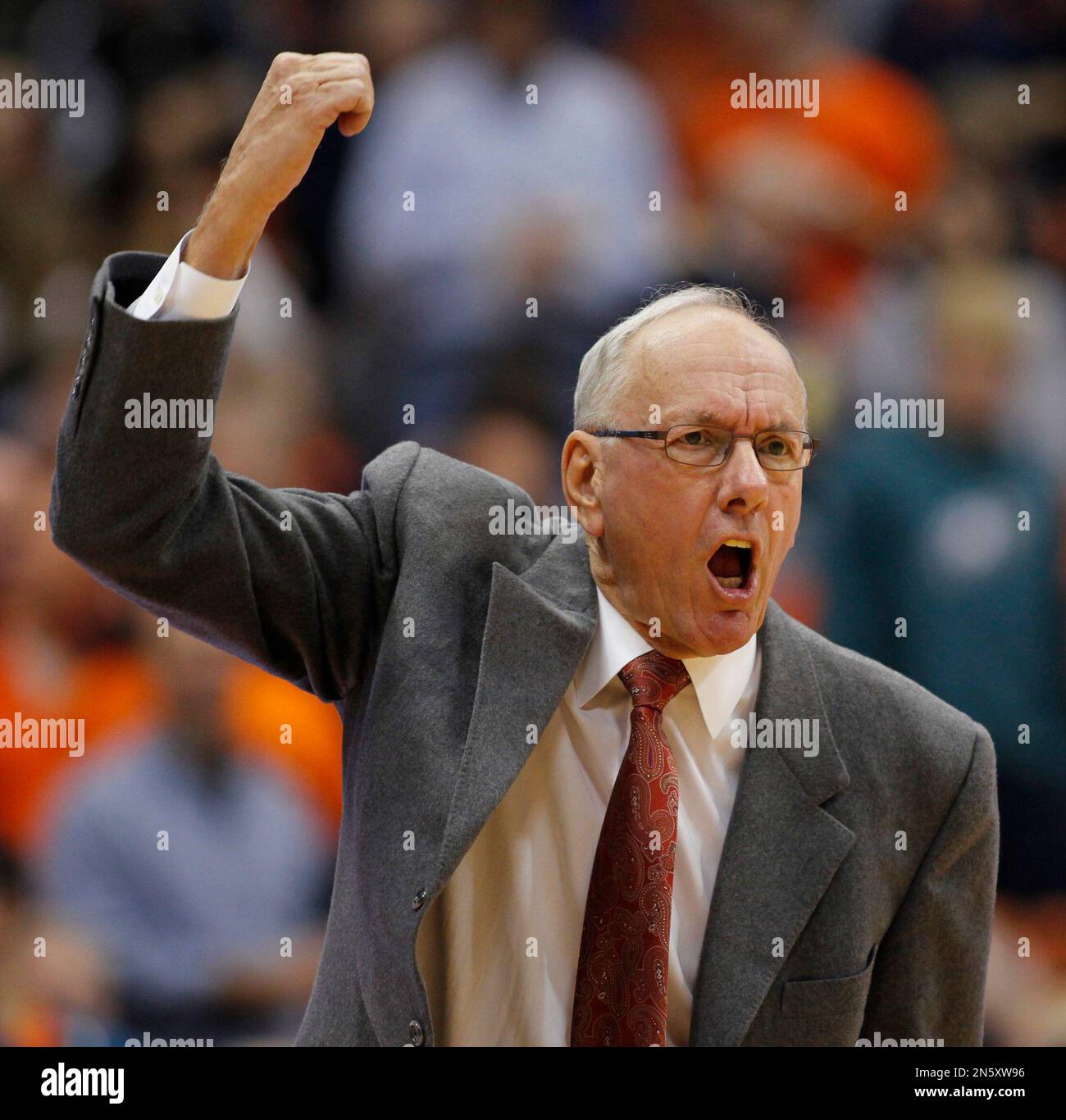 Syracuse head coach Jim Boeheim yells to his players in the second half ...