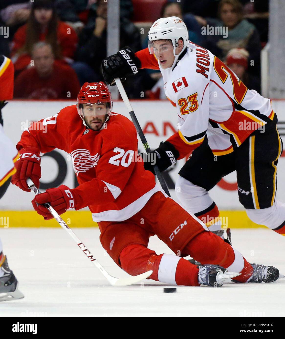 Detroit Red Wings' Drew Miller (20) tries to clear the puck away from ...