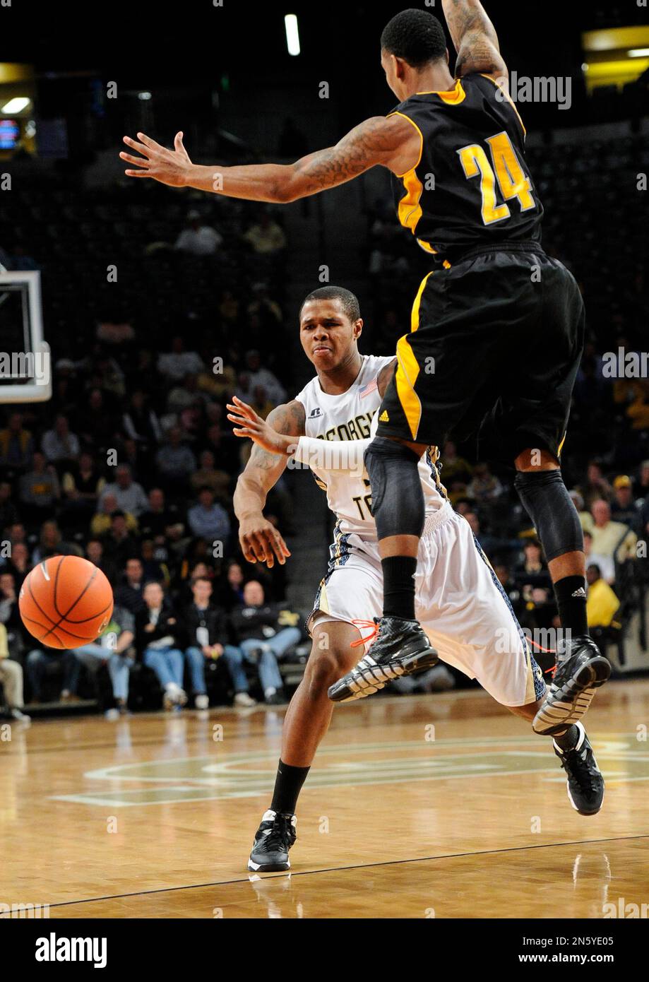 Georgia Tech guard Marcus Georges-Hunt passes as Kennesaw State forward ...