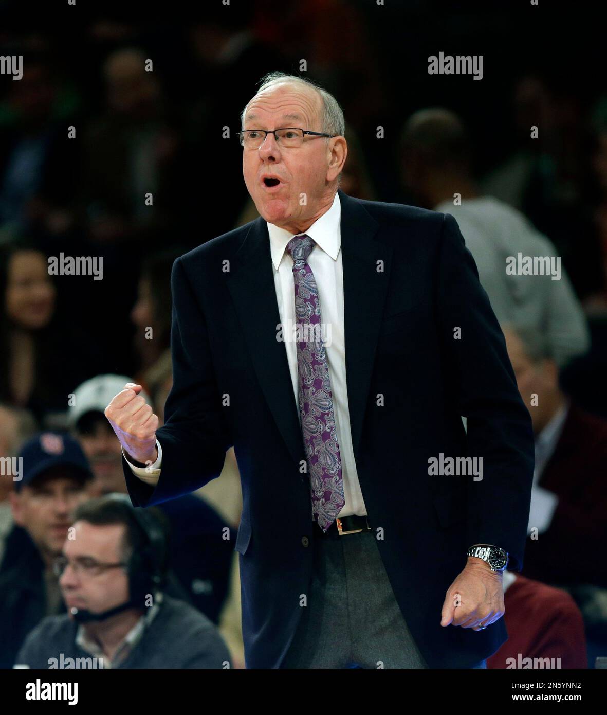 Syracuse head coach Jim Boeheim talks to his team during the first half ...