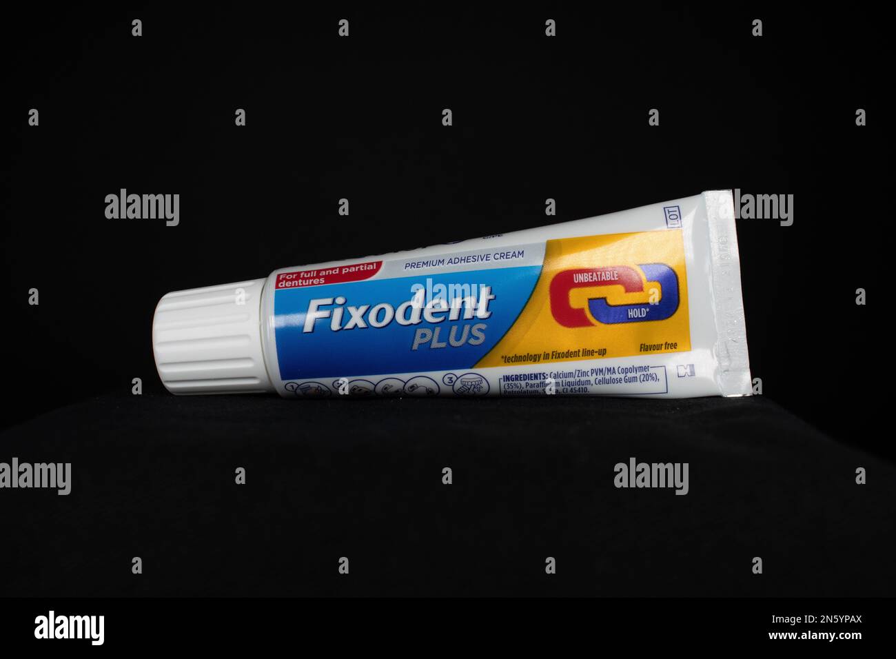 EXETER, DEVON, UK - JANUARY 17, 2023 Fixodent Plus denture adhesive new ...