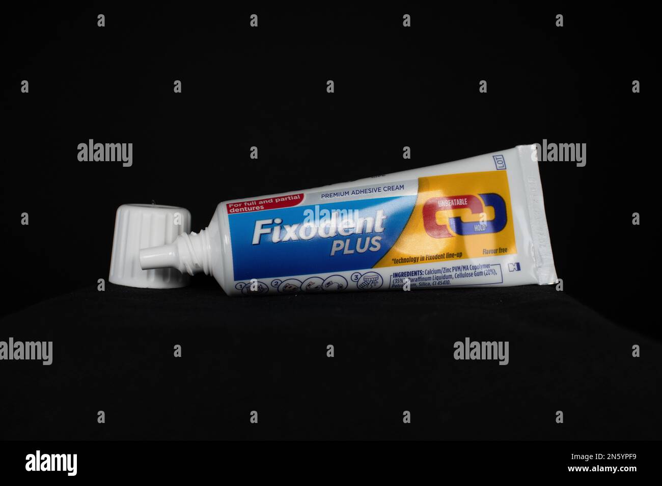 EXETER, DEVON, UK - JANUARY 17, 2023 Fixodent Plus denture adhesive ...