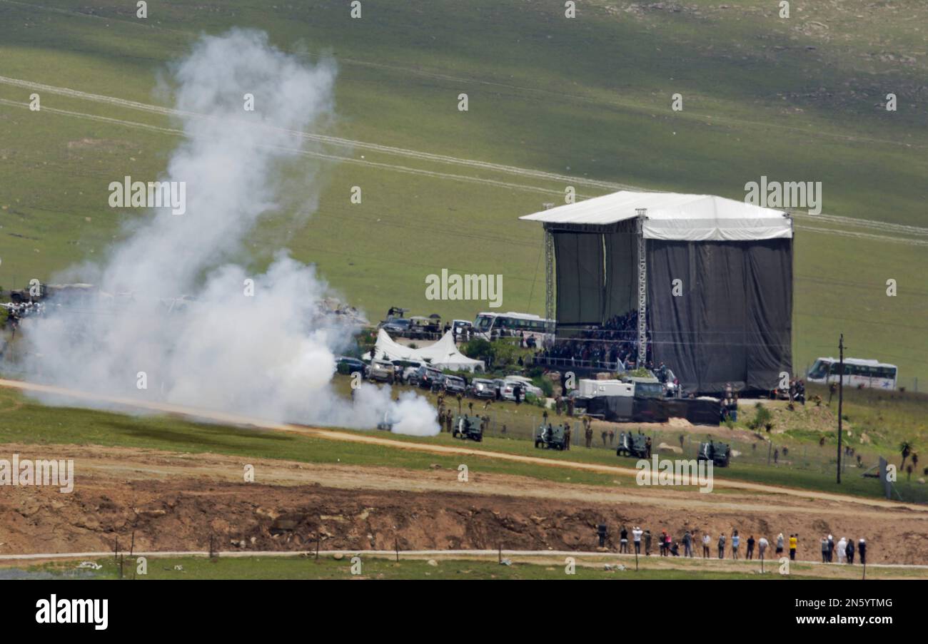 South African National Defence Forces fire ceremonial cannons as the ...