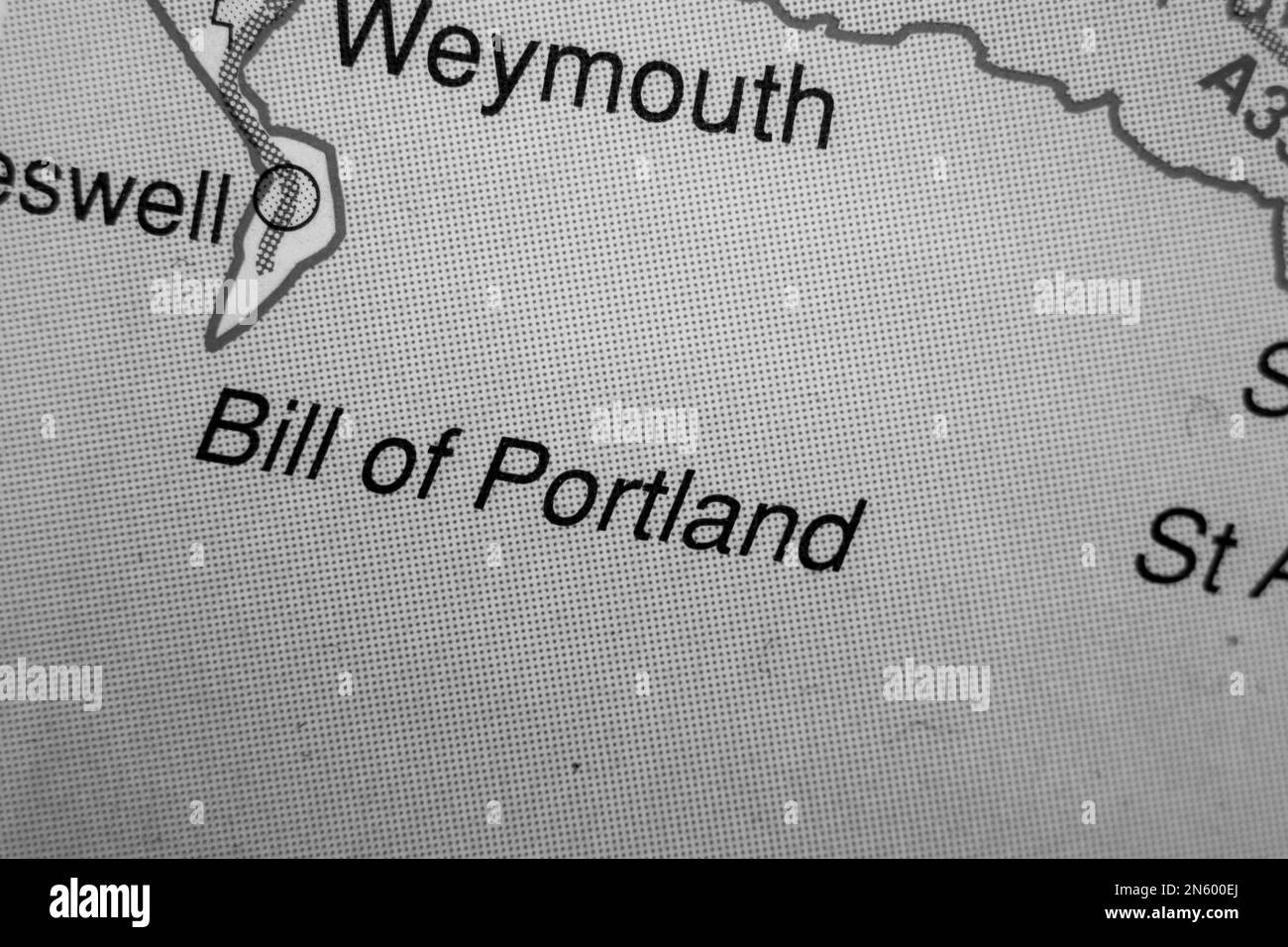 Bill of Portland, United Kingdom atlas map town name - black and white ...