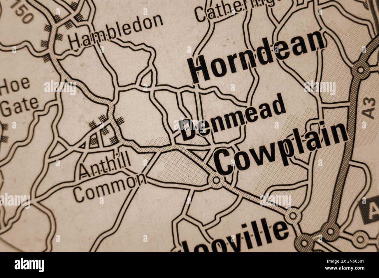 Denmead village, Hampshire, United Kingdom atlas map town name - sepia ...